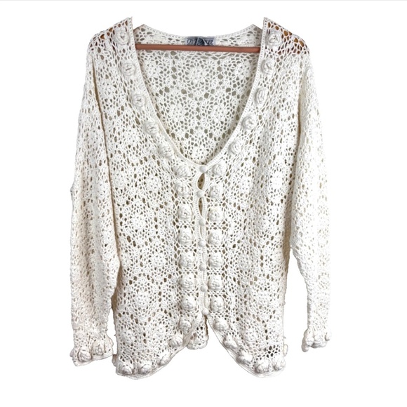Crystal Kobe | Sweaters | Vtg 9s Crystal Kobe White Crochet Cardigan L ...